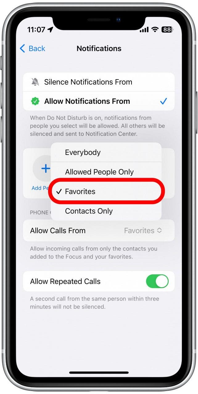 Allow Calls from Favorites on iPhone While Focus Is Active